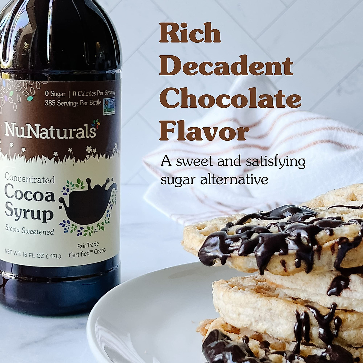 NuNaturals Stevia Syrup, Sugar-Free Sweetener, Plant-Based Sugar Substitute, Zero Calorie, Chocolate, 16 oz