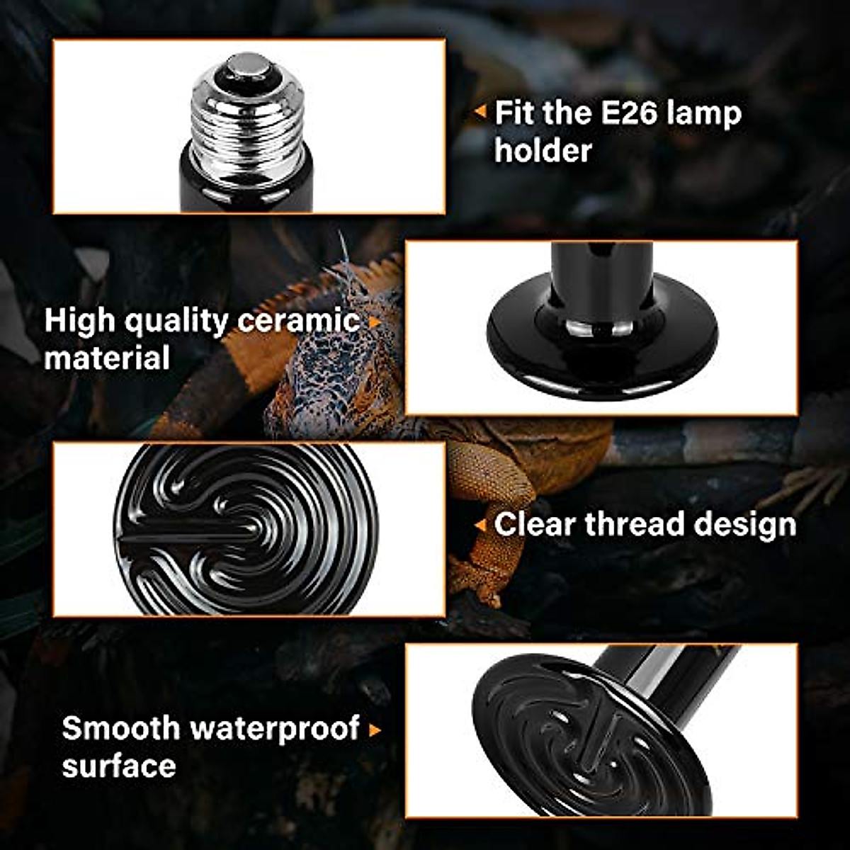Simple Deluxe 25W 1-Pack Ceramic Heat Emitter Reptile Heat Lamp Bulb No Light Emitting Brooder Coop Heater for Amphibian Pet & Incubating Chicken, Black