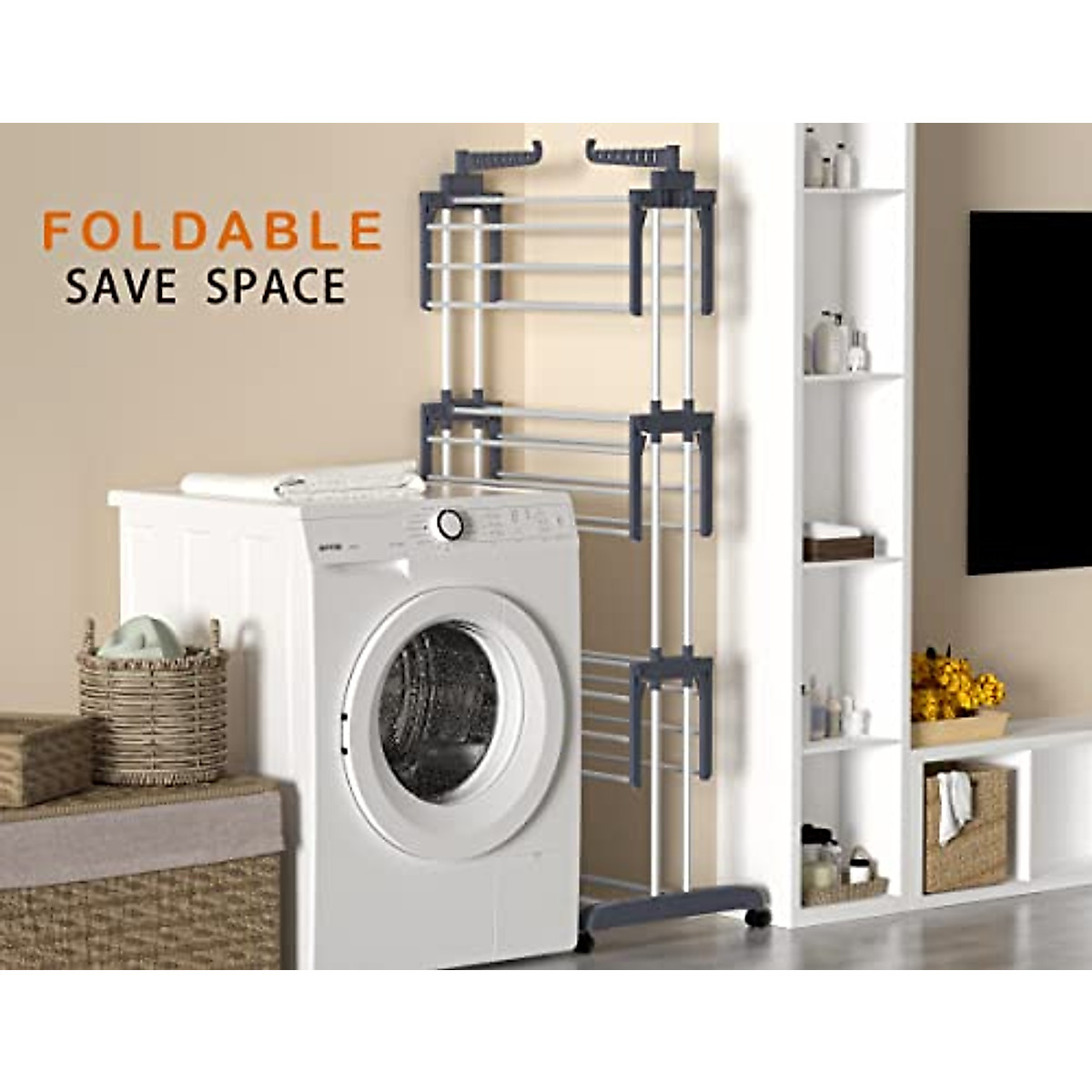 HOMIDEC Clothes Drying Rack, Oversized 4-Tier(67.7" High) Foldable Stainless Steel Drying Rack Clothing, Movable Drying Rack with 4 castors, 24 Drying Poles & 14 Hooks for Bed Linen, Clothing, Grey