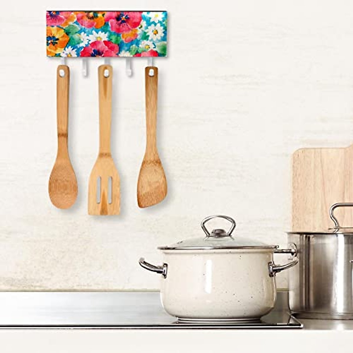 Hand Drawn Retro Colorful Flowers Background Mail Holder Organizer and Key Hooks PU Front, Self Adhesive Key Rack with 5 Hooks Perfect for Entryway, Hallway，Bathroom ，Kitchen