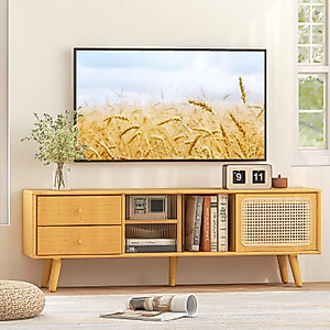 Tangkula Mid Century Modern TV Stand for TVs up to 65", Bamboo Entertainment Center w/Glass & PE Rattan Sliding Doors, 2 Drawers, Adjustable Shelf, Wood Legs, Media Console for Living Room