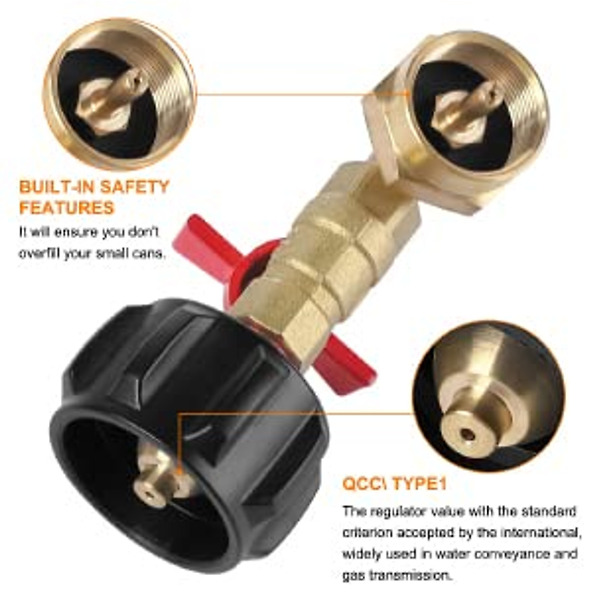 BouPower QCC1/Type1 Propane Refill Elbow Adapter with ON-Off Control Valve & 2pcs Refill 1 LB Propane Bottle Caps for Camping Grill 1lb Propane Gas Bottle Tank from 5-40LBS Cylinder