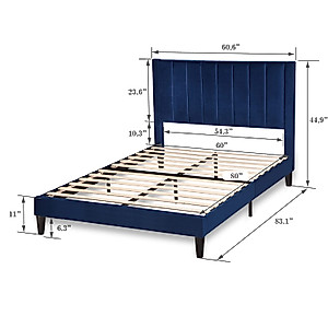 Allewie Queen Platform Bed Frame/Velvet Upholstered Bed Frame with Vertical Channel Tufted Headboard/Strong Wooden Slats/Mattress Foundation/Box Spring Optional/Easy Assembly/Navy Blue