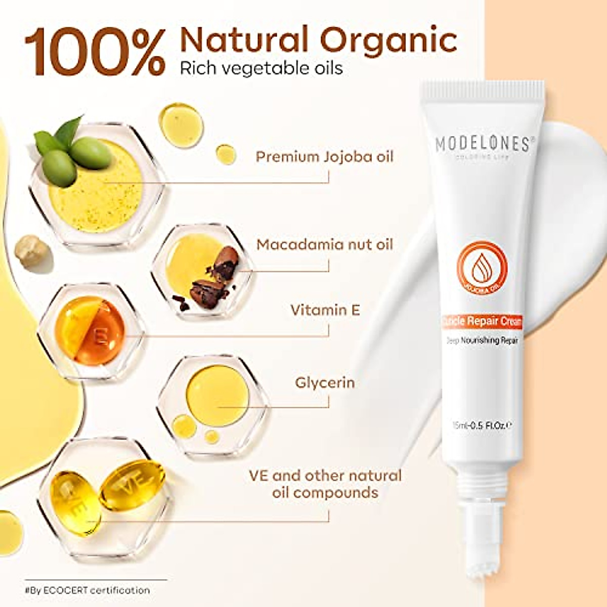 modelones Cuticle Cream, Ultra-Hydrating Cuticle Oil Nail Care Organic Jojoba Oil Vitamin E Serum, Deep Moisturizing Cuticle Repair Treatment Non-greasy, Soothe, Repair Dry Cracked Cuticles, 15ML