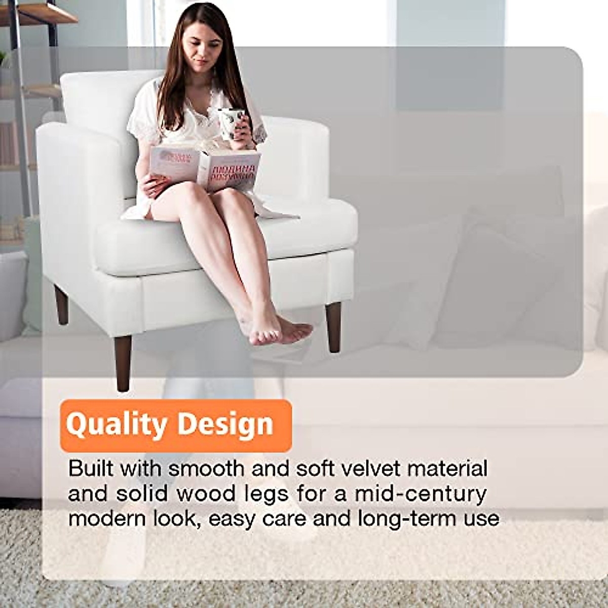 MIYZEAL Accent Chair, Tufted Upholstered Sofa Chair Comfy Armchair with Thick Cushion and Wood Legs, Mid-Century Modern Single Chairs for Compact Space Living Room Bedroom (White)