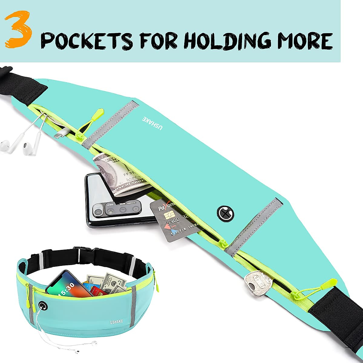 USHAKE Slim Running Belt, Workout Fanny Pack for Men Women,Exercise Waist Pack for Apple iPhone Holder, Runner Belt for Running Walking Cycling Camping Gym Mint blue