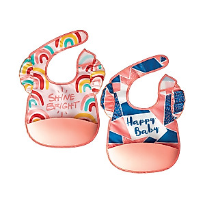 Tiny Twinkle Silicone Pocket Bibs - Waterproof Bibs Babies, Food Catching, Mess-Proof Bibs for 6-24 Months Old Baby Boy and Girl, Toddlers, 2-Pack (Shine, Happy)