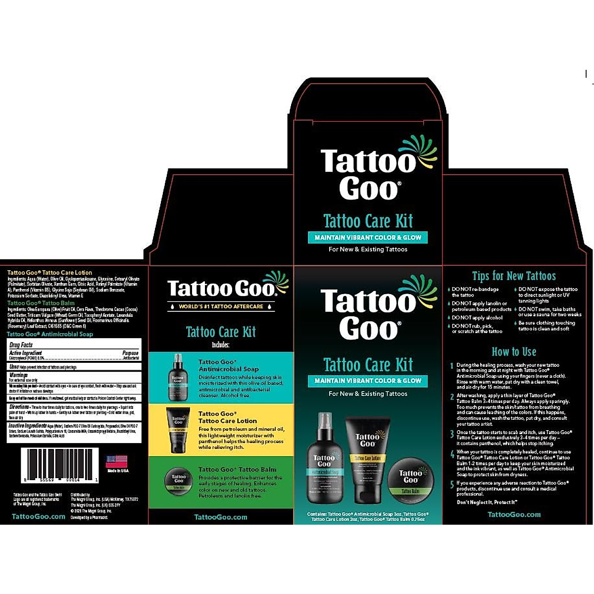 Tattoo Goo Aftercare Kit Includes Antimicrobial Soap, Balm, and Lotion, Tattoo Care for Color Enhancement + Quick Healing - Vegan, Cruelty-Free, Petroleum-Free, Tattoo Artist Gifts (3 Piece Set)