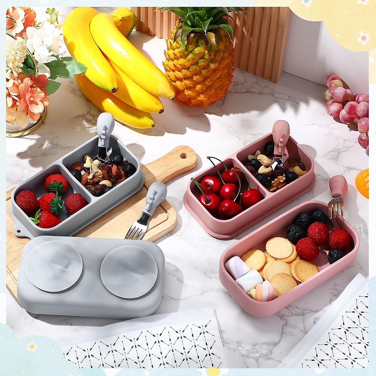 Uiifan 2 Pack Baby Suction Plate Set Silicone Suction Plate Baby with Lid Divided Suction Bowls for Baby Portable Toddler Utensils Compact for Self Feeding Baby Travel Essential (Gray, Pink)