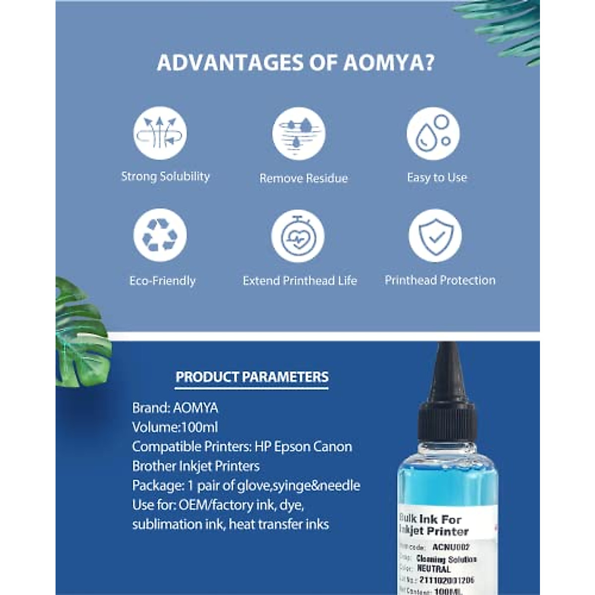Aomya Printer Cleaning Kit Printhead Cleaning Kit for Inkjet Printers HP/Brother/Epsn/Canon Liquid Printers Nozzle with Syringe&Glove(100ml