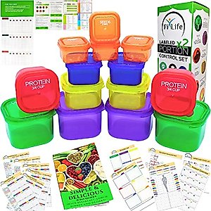 21 Day Portion Control Container kit for Weight Loss 14 Piece Labeled + COMPLETE GUIDE + 21 DAY PLANNER + RECIPE eBOOK - Color Coded Meal Prep System
