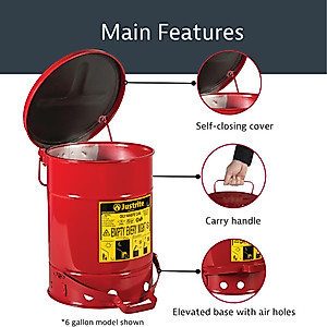 Justrite 6 Gallon Galvanized Steel Oily Waste Can, 16" x 12" Metal Oil Rag Safety Can with Quiet Foot-Operated Self-Closing Lid for Oil Rag Disposal, Made in The USA, Red, 09108