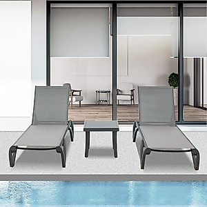 Domi Pool Lounge Chairs,Aluminum Chaise Lounge with Side Table,5 Position Adjustable Backrest and Wheels,All Weather Outdoor Lounge Chairs (2 Grey Lounges W/Side Table)