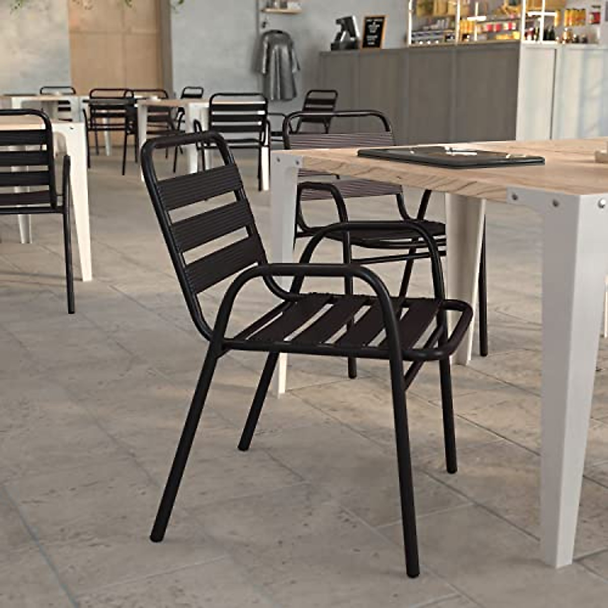 Flash Furniture Lila Commercial Restaurant Stack Chair with Triple Slat Back and Arms, Indoor-Outdoor Dining Chair, Black