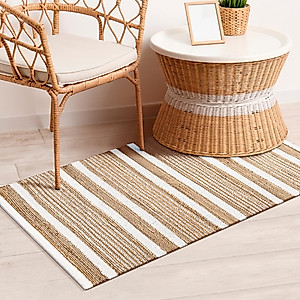 Comfy-co Area Rug 2x3 ft - Hand-woven Jute Cotton Area Rug Boho Farmhouse Rustic - Non Slip Floor Rug for Bedroom Living Room Kitchen Dorm Entryway Hallway - Area Rug Natural/White
