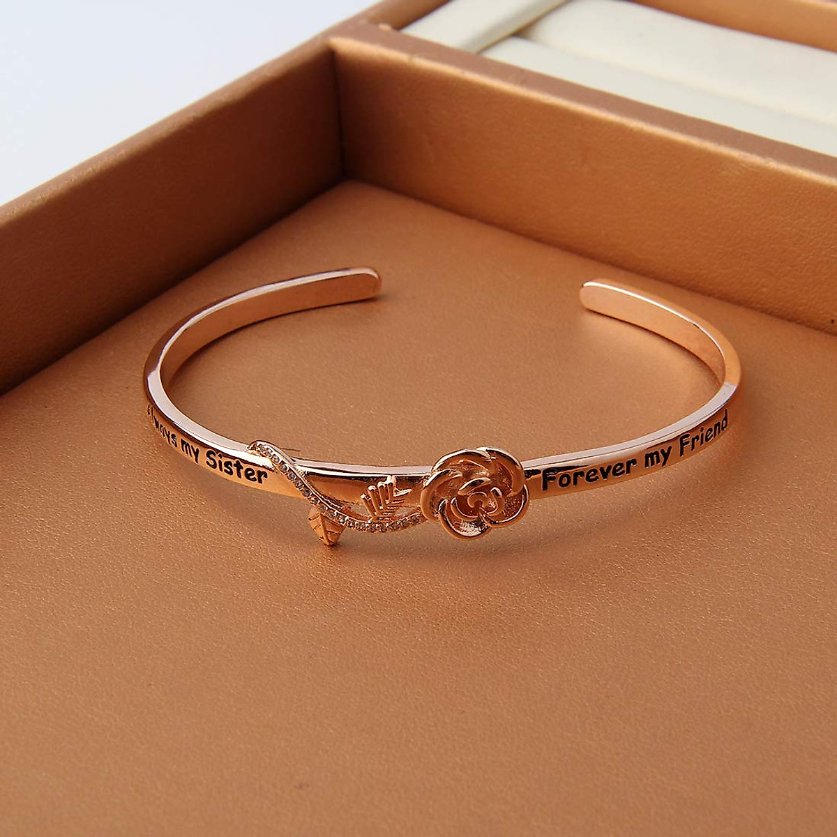 Best Friend Bracelet Sister Gift Always My Sister Forever My Friend Cuff Bracelet with Rose Flower Gift for Sisters Friendship Jewelry (Gold)