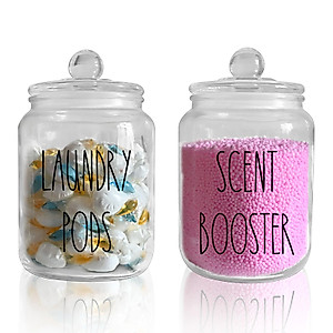 Laundry Room Organization Jars with Labels, Glass Containers for Laundry Detergent Laundry Powder, Farmhouse Laundry Pods Storage Organizers, Laundry Soap Dispenser, Scent Booster Holder (Clear)