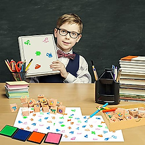 Zayvor Kids Stamps Set, Boy Wooden Rubber Stamp with Ink Pad Colored Pencil, Holiday Square Craft Stamp for Stamping Scrapbooking Crafting Booking Card Making Stocking Filler,Party Favor Gift