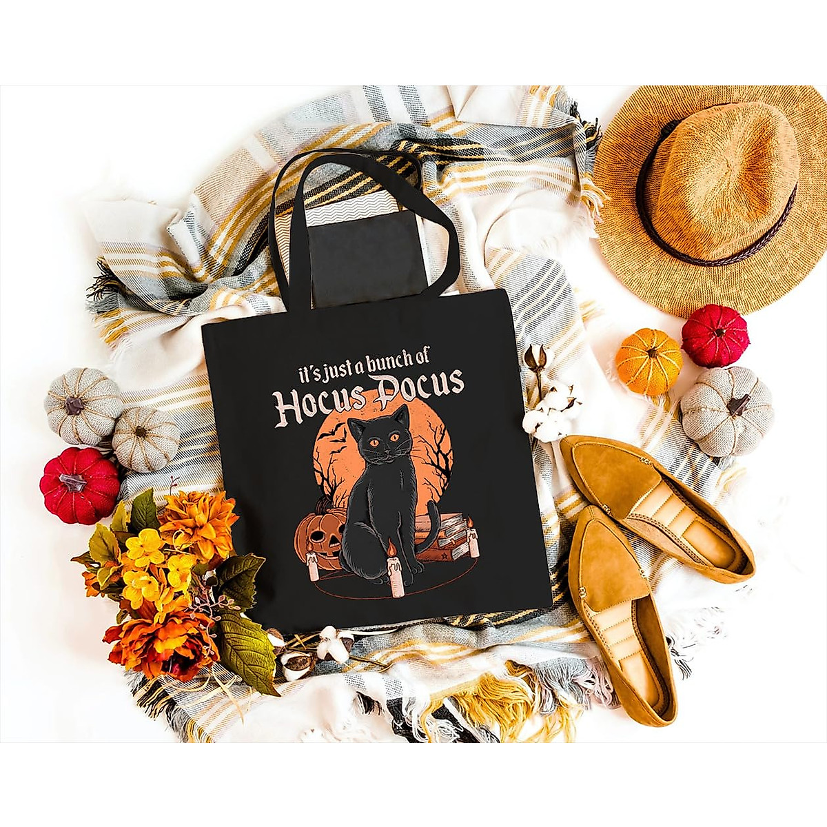 GXVUIS It's Just A Bunch Of Hocus Pocus Canvas Tote Bag for Women Halloween Black Cat Graphic Reusable Grocery Shopping Bags Black