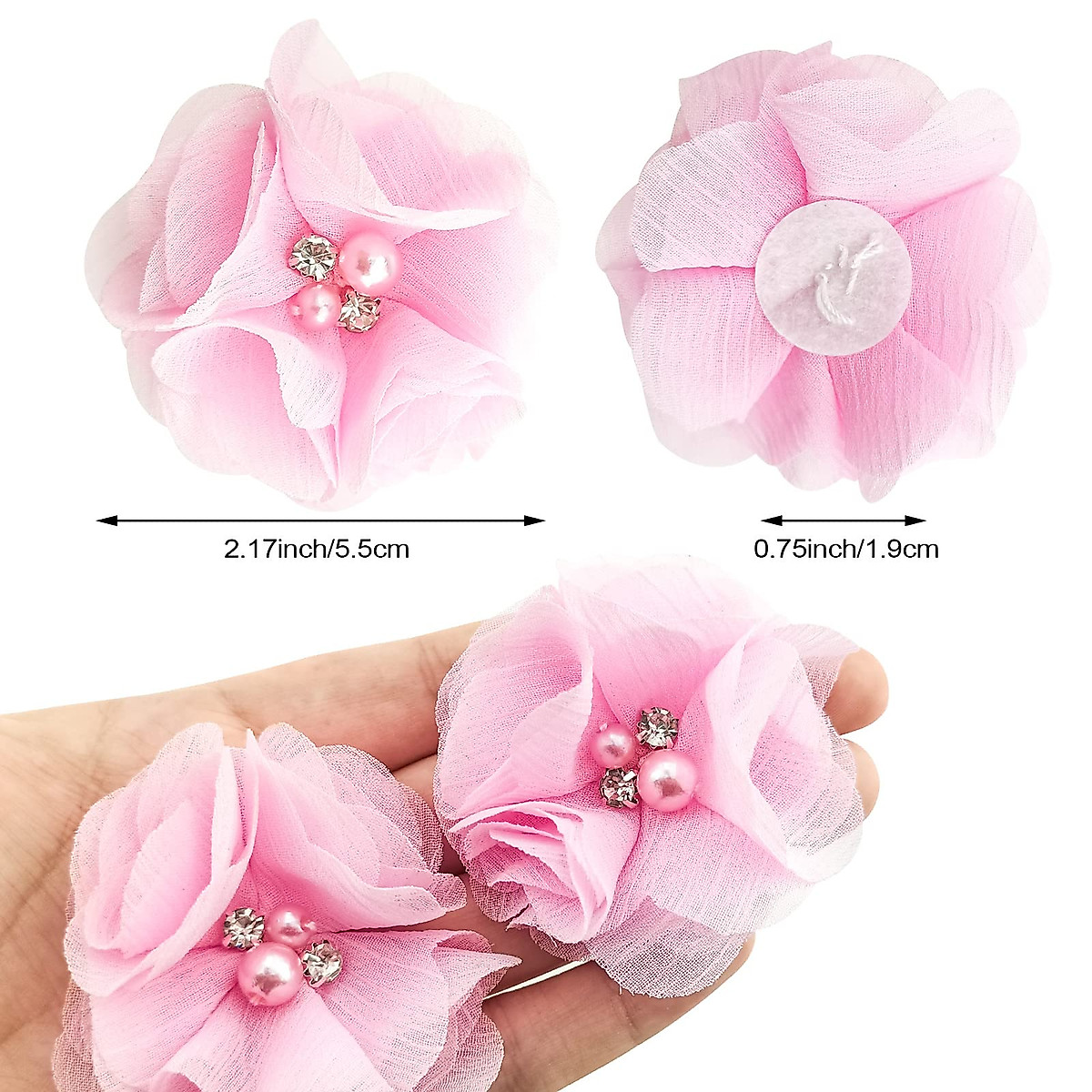 30 PCS Rhinestone Pearl Pink Chiffon Flower Sewing Fabric Appliques for Clothing, Headbands Flower, Crafts, Party Decoration, Sewing Applique