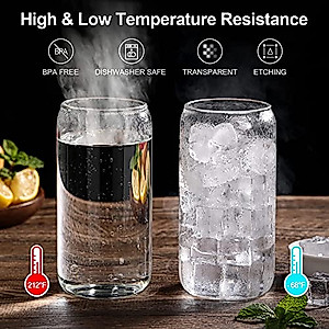 Glass Cups with Bamboo Lids and Glass Straw 6pcs Set - Beer Can Shaped Drinking Glasses, 16 oz Iced Coffee Glasses, Cute Tumbler Cup for Smoothie, Boba Tea, Whiskey, Juice, Water - 2 Cleaning Brushes