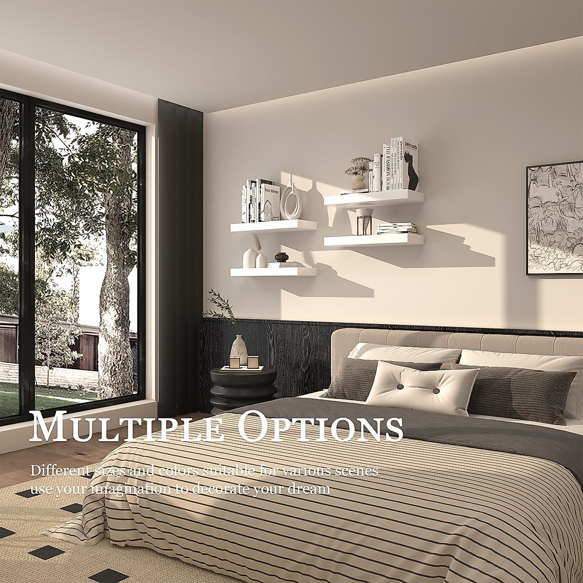 Premium White Glossy Finish Floating Shelves for Wall, 17'', Bright Solid Wood Floating Shelves, Sleek Wall Shelf Set with Strong Hidden Brackets for Contemporary Home Decor, Heavy Duty, Set of 2