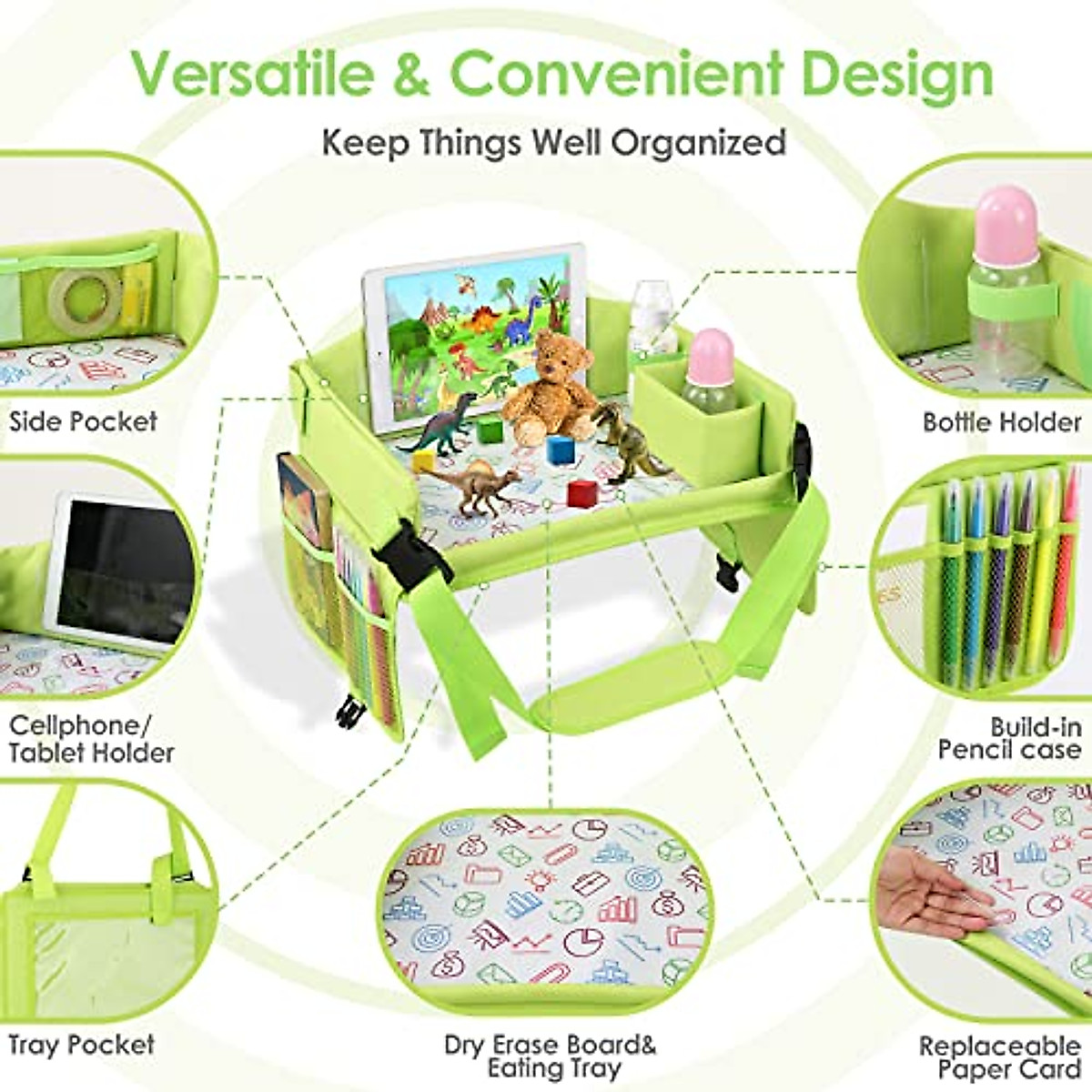 Zooawa Kids Travel Tray, Car Seat Tray for Kids Toddlers Car Seat, Toddler Car Seat Lap Tray, Road Trip Essentials Activity Table, Carseat Table Tray for 36M+ Kids Road Trip Activities, Green