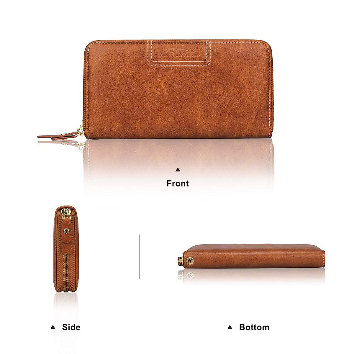 FT FUNTOR Wristlet Wallet for Women, Ladies Zip around Wallet PU Vegan Leather Clutch Long Purse Phone Card Holder Organizer Brown