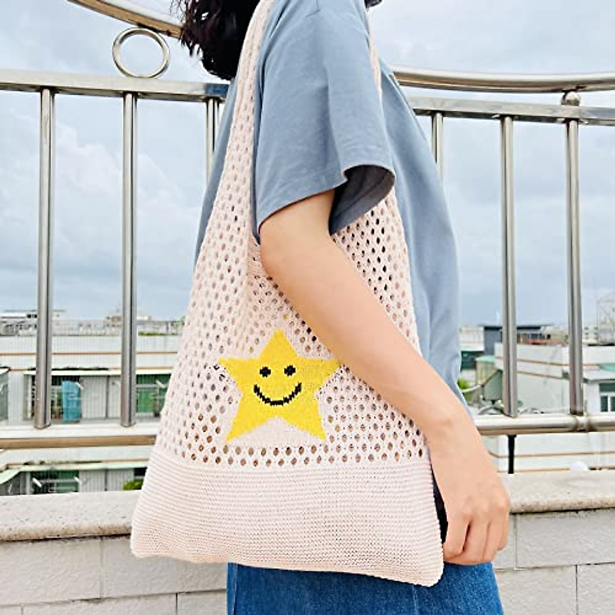 Women Y2K Hobo Bag Trendy Star Pattern Knitted Shoulder Bags Hollow Out Tote Bag Aesthetic Casual Beach Bag (Apricot)
