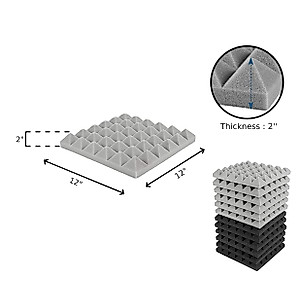 Acoustic Sound Foam Panels, 2" X 12" X 12" Soundproof Wall Panels For Bedroom Soundproofing Treatment Studio Wall Padding Sound Absorbing Pyramid Acoustic Treatment (24 PACK, Black+Grey)