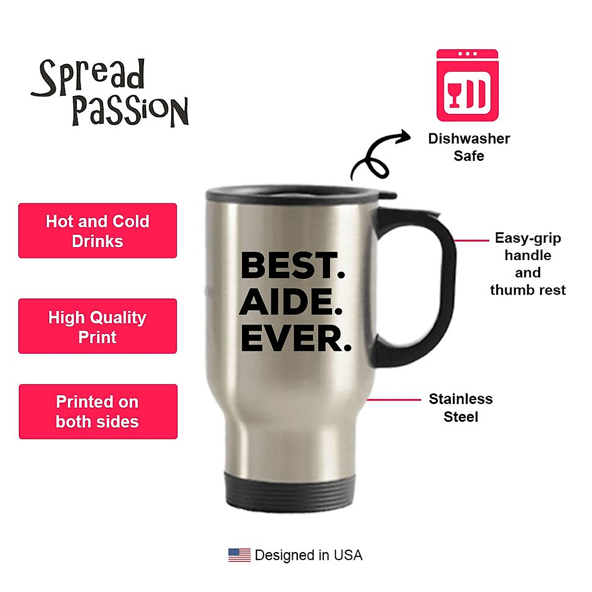 SpreadPassion Best Aide Ever Travel Mug - Gift For Teachers Nurses Aide Hospice Bus Home Health Certified Driver Aid - Present Gift Idea