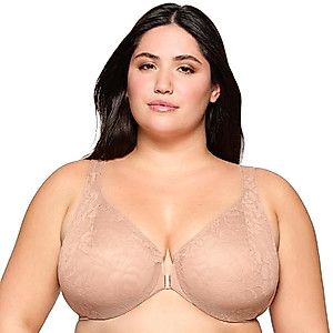 Glamorise Full Figure Plus Size Lacey T-Back Front-Closure Wonderwire Bra Underwire #9246 Cappuccino