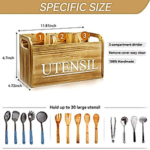brekle Rustic Kitchen Utensil Holder Larger Wooden Utensil Holder for Kitchen Counter 3 Compartment for Efficient Utensil Organizer and Cooking Tools Storage