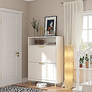 EnHomee Shoe Cabinet 24 Pair Shoe Cabinet for Entryway Slim Entryway Shoe Storage Cabinet with 2 Flip Drawers Size up to Men's 13 Narrow Shoe Cabinet Hidden Shoe Cabinet with Doors Open Shelves