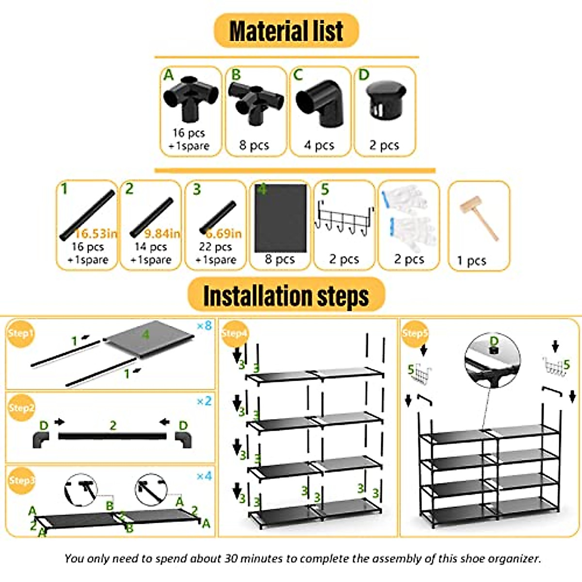 Elechotfly 16-20 Pairs Shoe Storage Organizer, 4 Tiers Shoe Rack/Stand, Easy Assembly Stackable Sturdy Shoe Tower with 2 Hooks, Metal Shelf for Entryway, Closet, Garage, Bedroom, Cloakroom