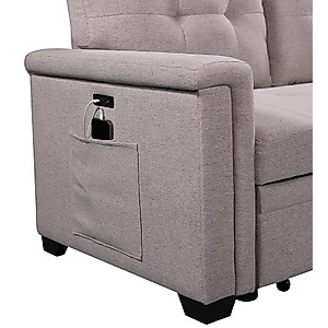 LOVMOR 84'' L-Shape Convertible Sleeper Sectional Sofa with Storage Chaise and Pull-Out Bed, Linen Upholstered Reversible Corner Couch w/USB Charger Ports and Pocket, Light Gray, 84 Inch