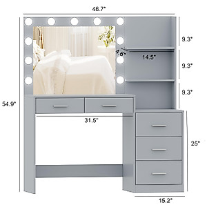 Rovaurx 46.7" Makeup Vanity Table with Lighted Mirror, Large Vanity Desk with Storage Shelf & 5 Drawers, Bedroom Dressing Table, 11 LED Lights, Gray