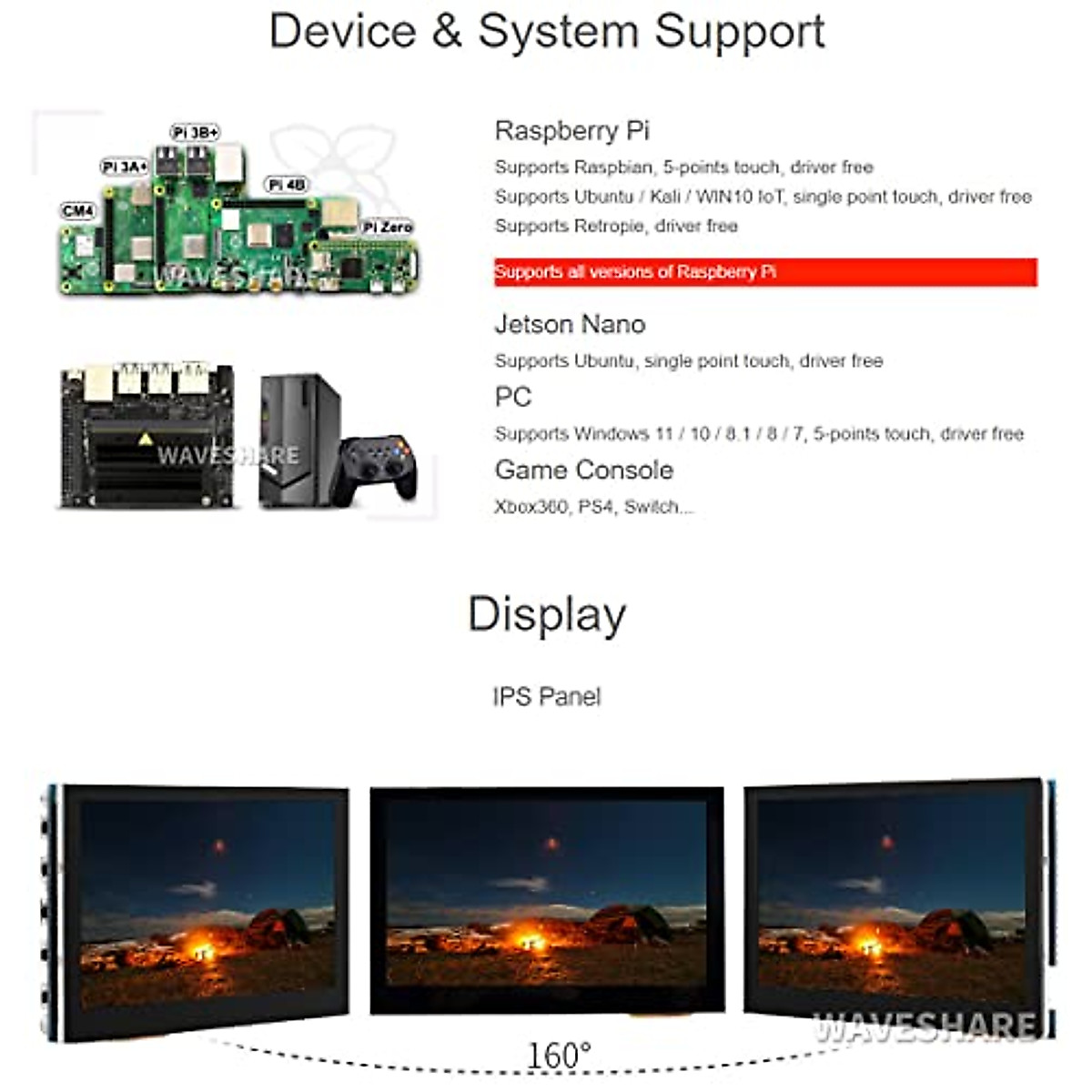 waveshare 4.3inch Capacitive Touch Screen LCD Compatible with Raspberry Pi 5/4B/3B+/3A+/2B/B+/A+/Zero/Zero W/WH/Zero 2W CM3+/4 800×480 Resolution HDMI IPS Supports Jetson Nano/Windows