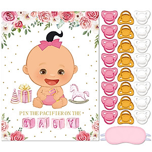 Faccito Pin The Pacifier Baby Shower Games Baby Shower Decoration Include Baby Poster 24 Pacifier Stickers Blindfold Floral Pin Pacifier on Baby Game for Baby Shower Birthday Party Supplies(Pink)