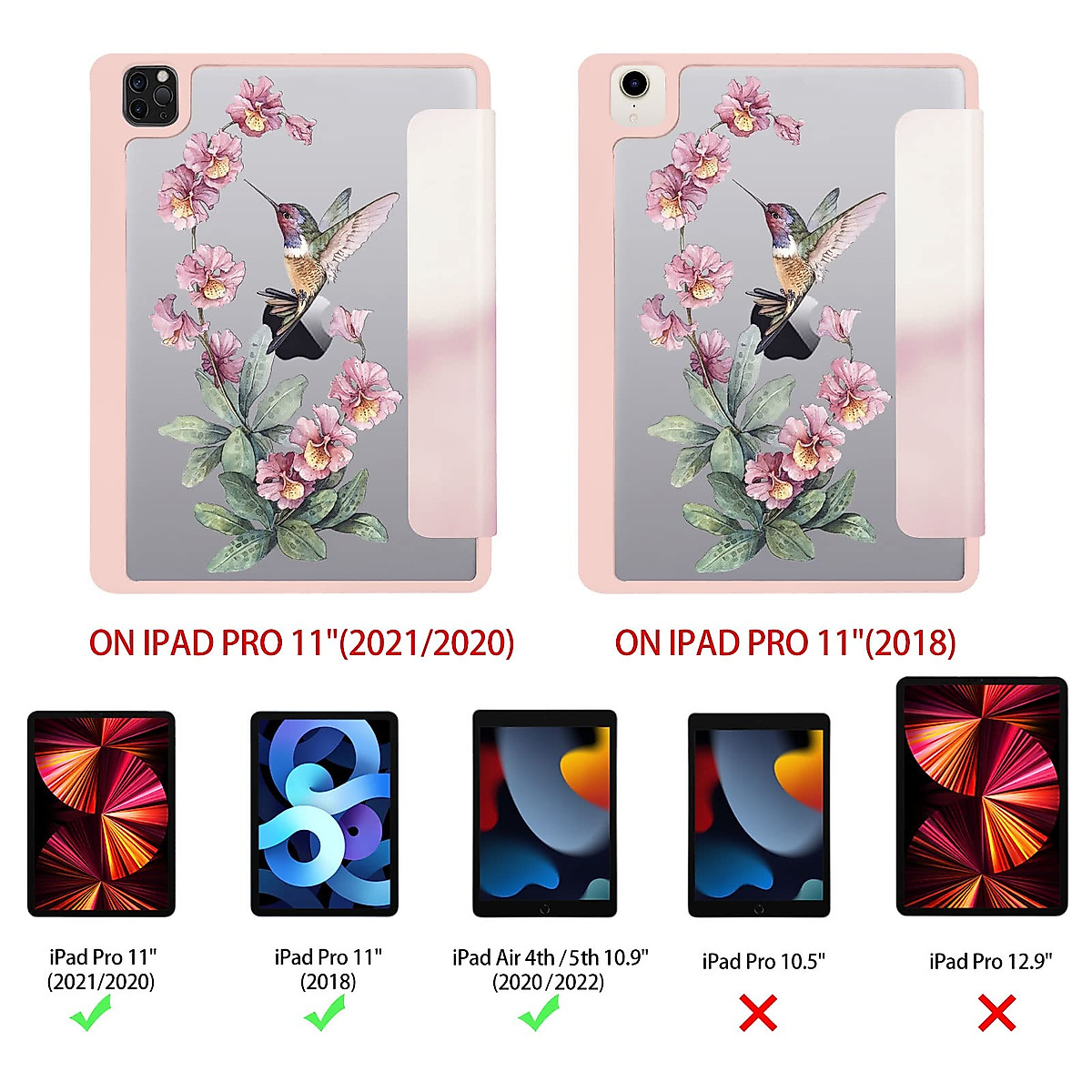 HONNKY for iPad Air 5th/ 4th Generation Case 10.9 Inch (2022/2020),iPad Pro 11 Inch Case with Pencil Holder, Auto Wake/Sleep, Trifold Stand Smart Case with Clear Transparent Back(Flower Hummingbird)