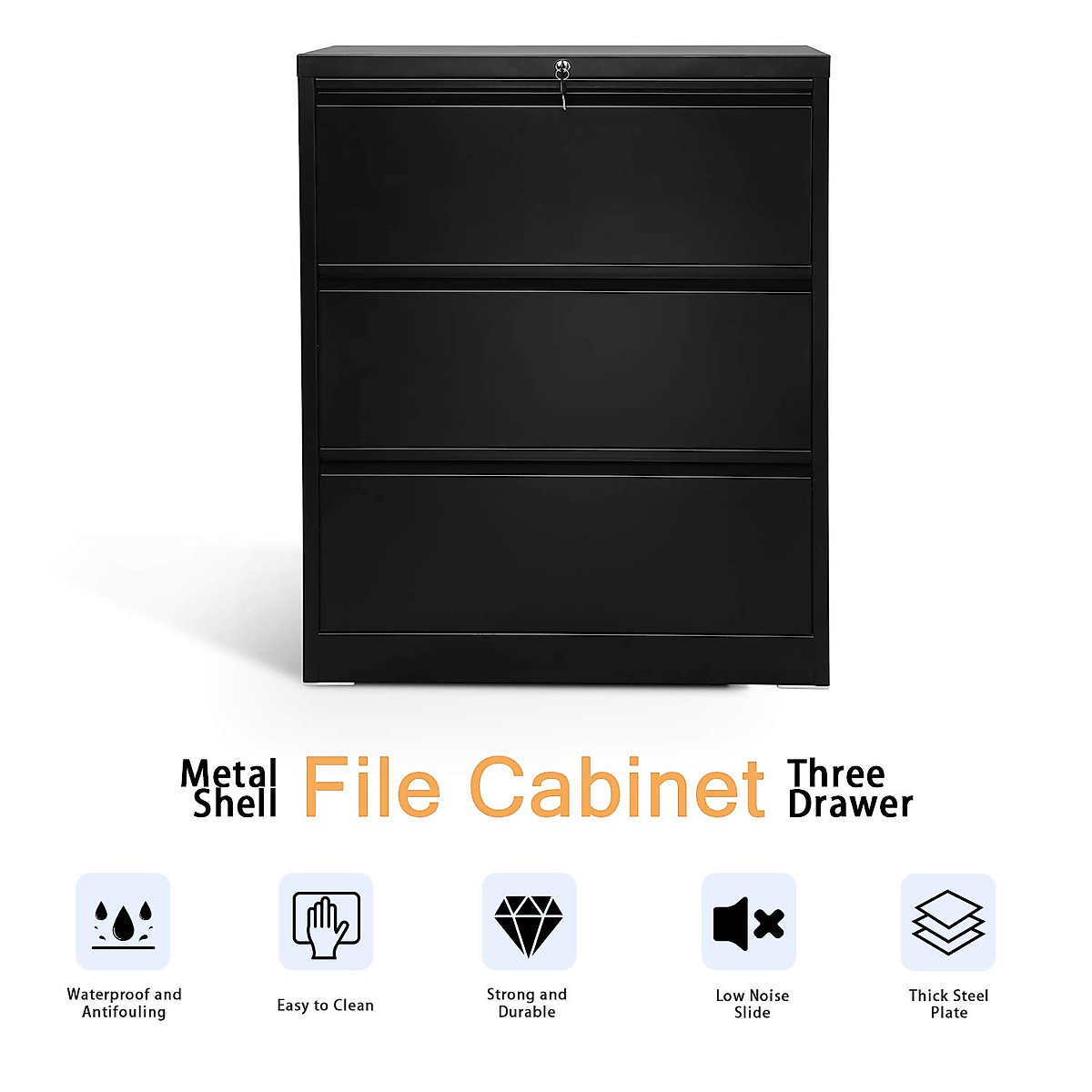 Aobabo 3 Drawer Lateral Steel File Organizing Cabinet with Locking System and Adjustbale Hanging Bars for Letter/Legal Size Paper, Black