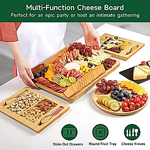 Bamboo Cheese Board Set with Marble, Large Charcuterie Boards and Knife Set, Cheese Platter with 2 Drawers, Include Round Fruit Cheese Platter, Meat and Cheese Cutting Board Housewarming Gift