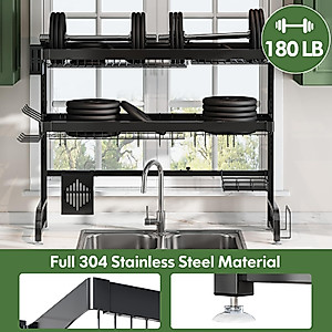 BOOSINY Over Sink Dish Drying Rack 3 Tier Full 304 Stainless Steel Above Sink Dish Drainer for Kitchen Shelf, Expandable Over The Shelf Storage Organization (Black - 25.5"-35.5")