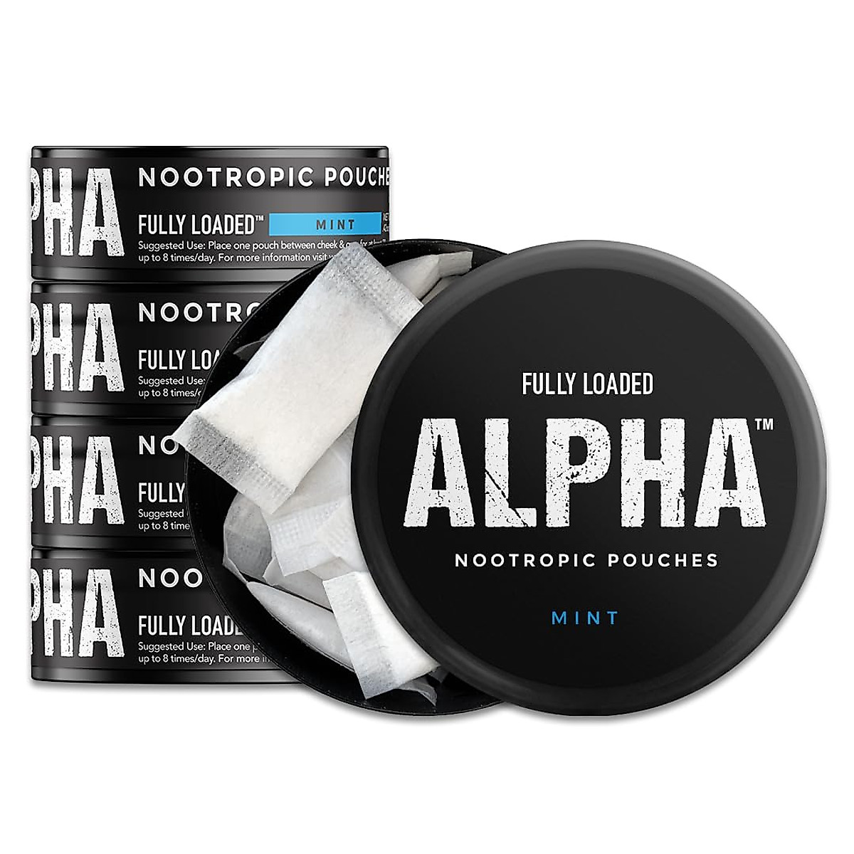 Fully Loaded Alpha Nootropic Pouches (Mint) - 5 Cans - 15 Pouches per can - Effective Nootropic Delivery, Nic Pouch Replacement - Faster Absorption, Alpha GPC, L-Tyrosine, GABA