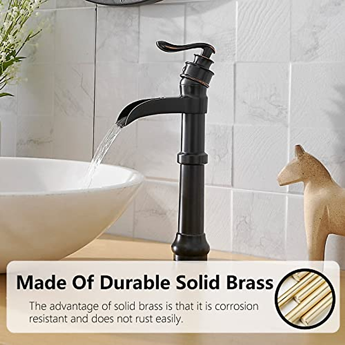 BATHLAVISH Bathroom Vessel Sink Faucet Oil Rubbed Bronze Black Farmhouse Waterfall Single Hole Tall with Pop Up Drain Assembly Without Overflow One Hole Mixer Tap Deck Mount Commercial