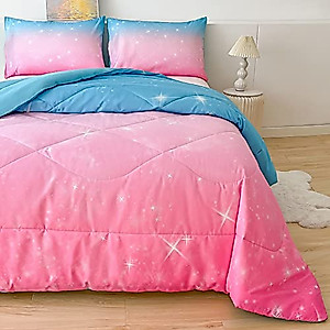Rainbow Pink Glitter Stars Kids Comforter Set for Girls Queen Size Bedding Set 3 Piece Bed in A Bag Lightweight Quit Blue Gradient Sparkle Mermaid Galaxy Duvet Set for Kids Boys with 2 Pillowcases