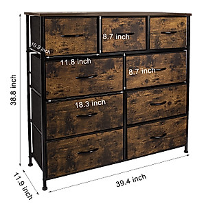 CERBIOR Wide Drawer Dresser Storage Organizer 9-Drawer Closet Shelves, Sturdy Steel Frame Marbling Wood Top with Easy Pull Fabric Bins for Clothing, Blankets (9-Rustic Brown Drawers)