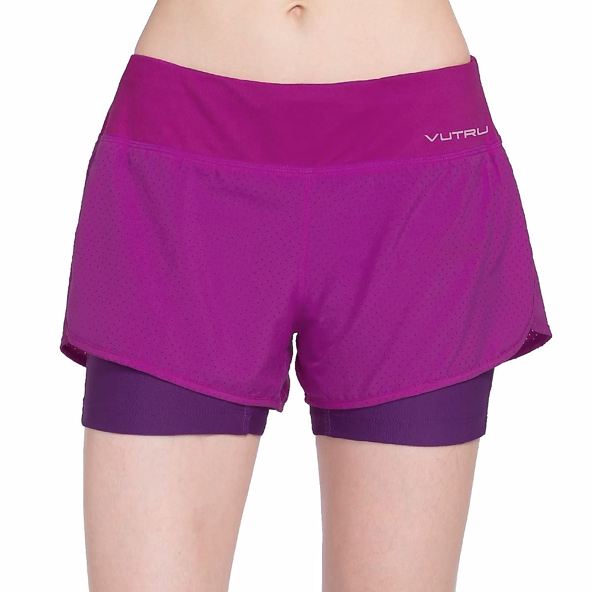 VUTRU Women's 2 in 1 Running Shorts Quick Dry Workout Athletic Shorts with Liner Back Pockets (Purple,L)