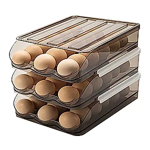 Egg container for refrigerator Automatic Rolling, Egg holder Storage box Drawer, Egg Tray Fridge Organizer For Household, Smart Stackable Devil Egg Container with Lid (Three Layers)