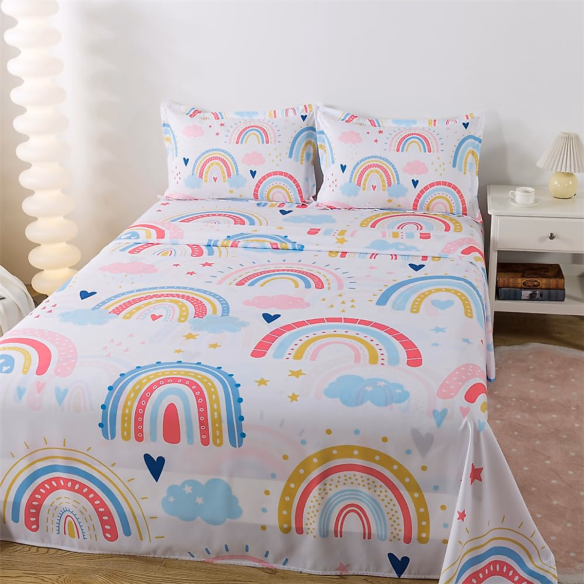 qjmiaofang Rainbow Sheets for Girls Twin Size Rainbow Bed Sheets 3Pieces Cartoon Rainbow Flat Sheet Little Rainbow Fitted Sheet with Clouds Rainbow Bedding 1 Flat Sheet 1 Fitted Sheet 1 Pillowcase